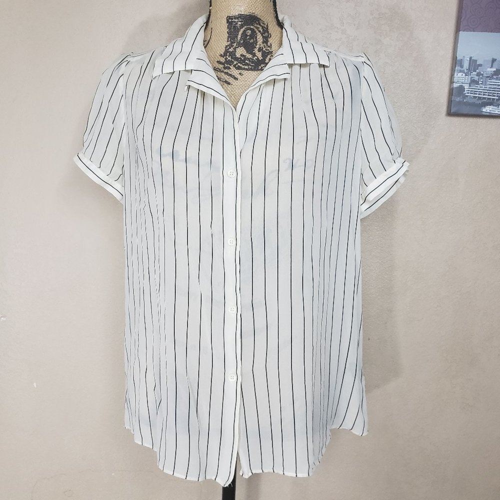 Ivory Color Striped Sheer Silk Blouse - Gem